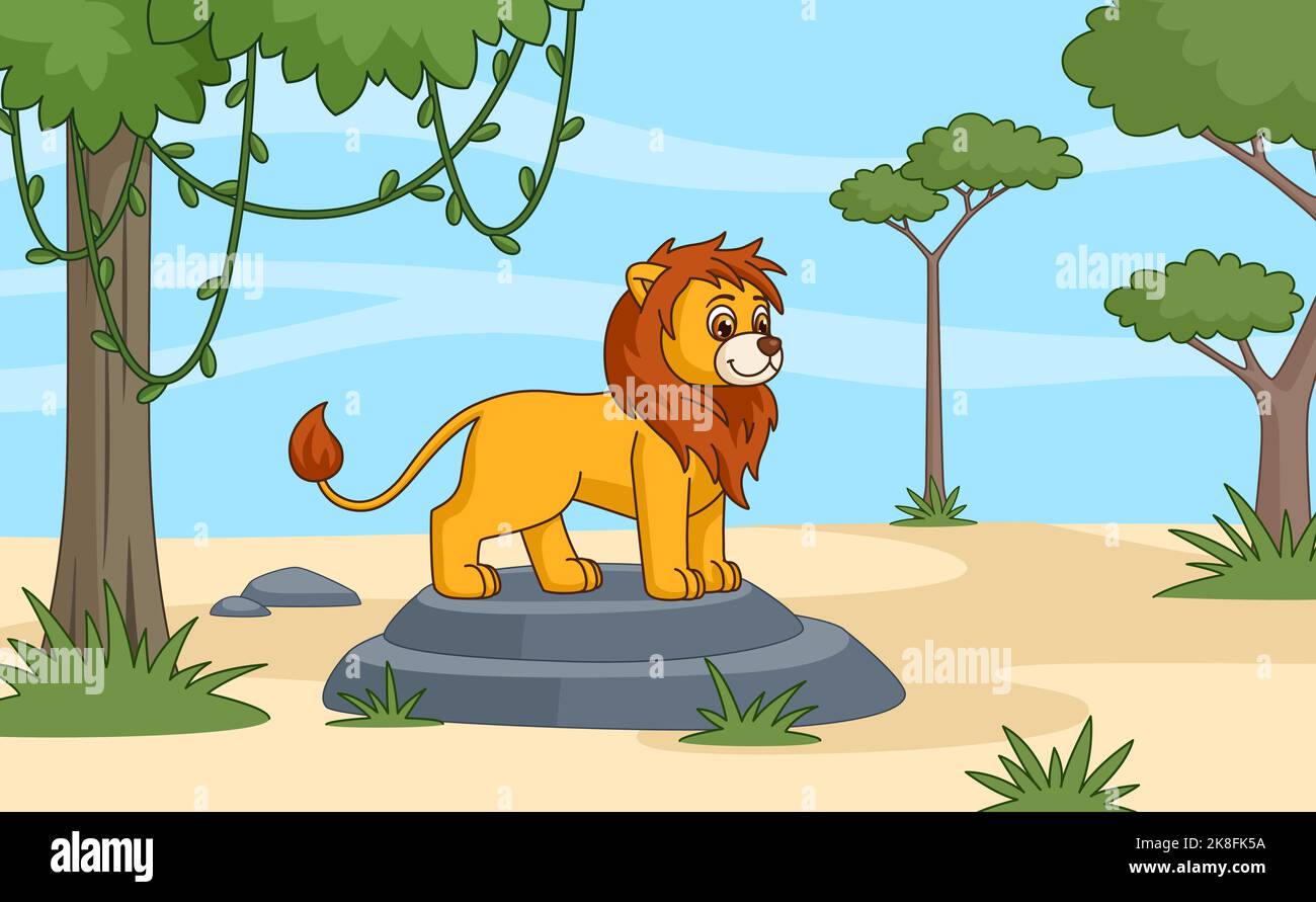 Cartoon lion in savannah stand on rock. Cute leo character in african ...