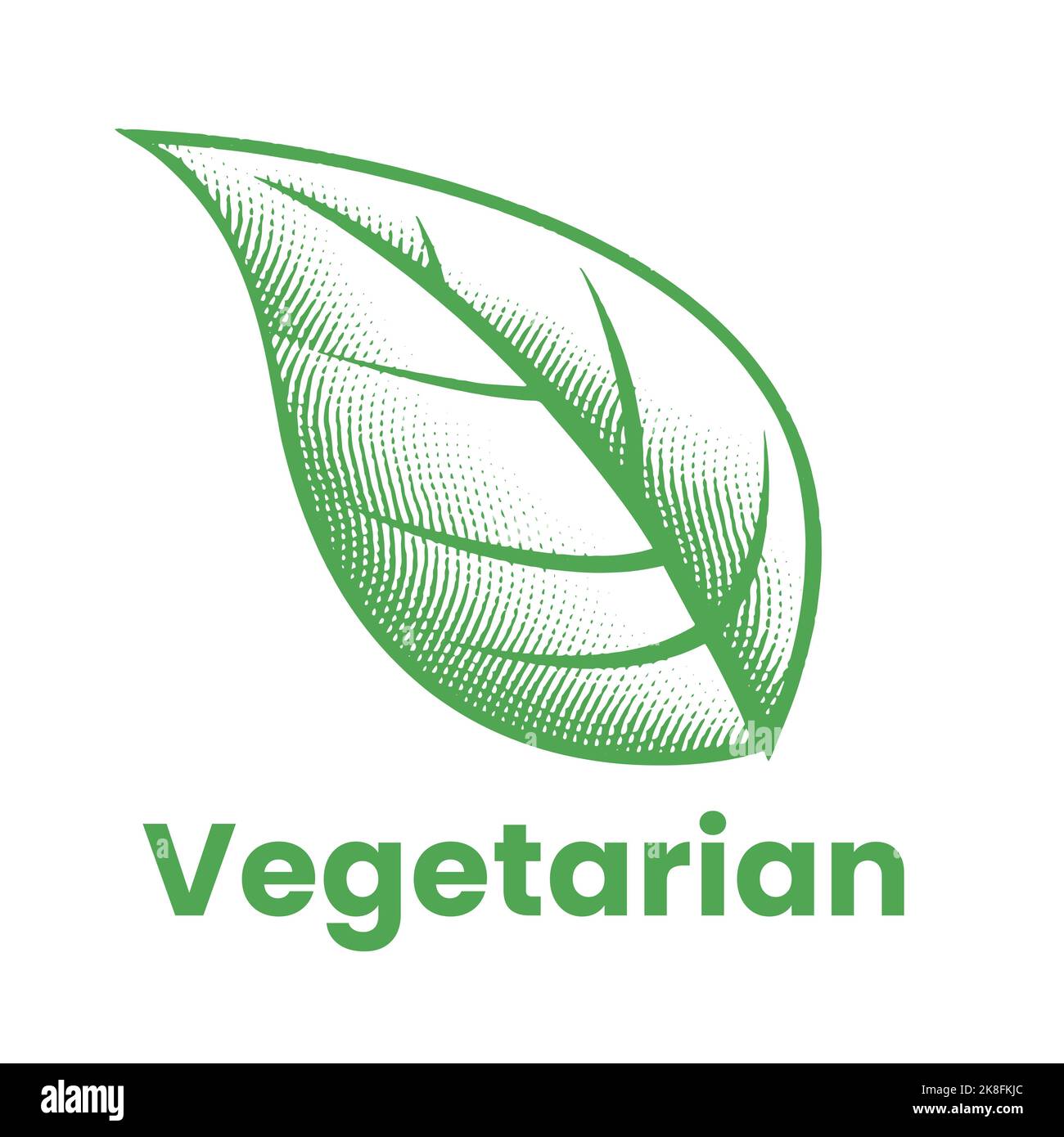 Vegetarian Icon with Green Engraved Leaf isolated on a White Background ...