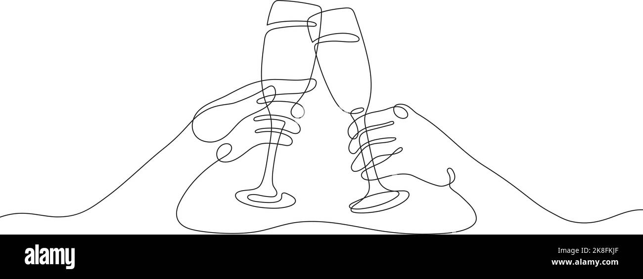 One Line Champagne Glasses Clink Birthday Or New Year Art Cheerful