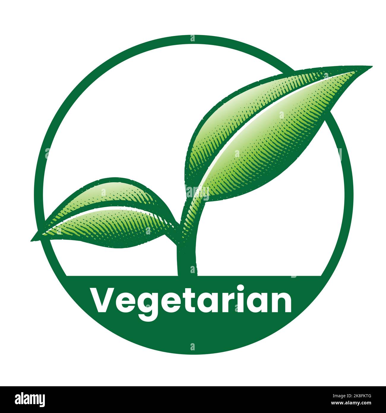Vegetarian Round Icon with 2 Green Leaves isolated on a White ...