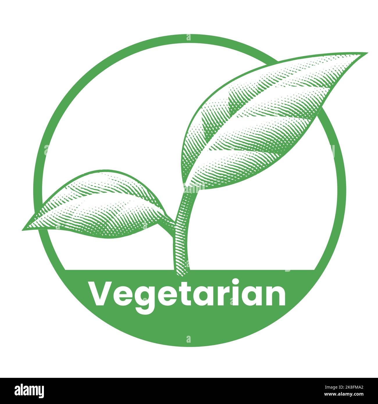 Vegetarian Round Icon with 2 Green Leaves isolated on a White ...