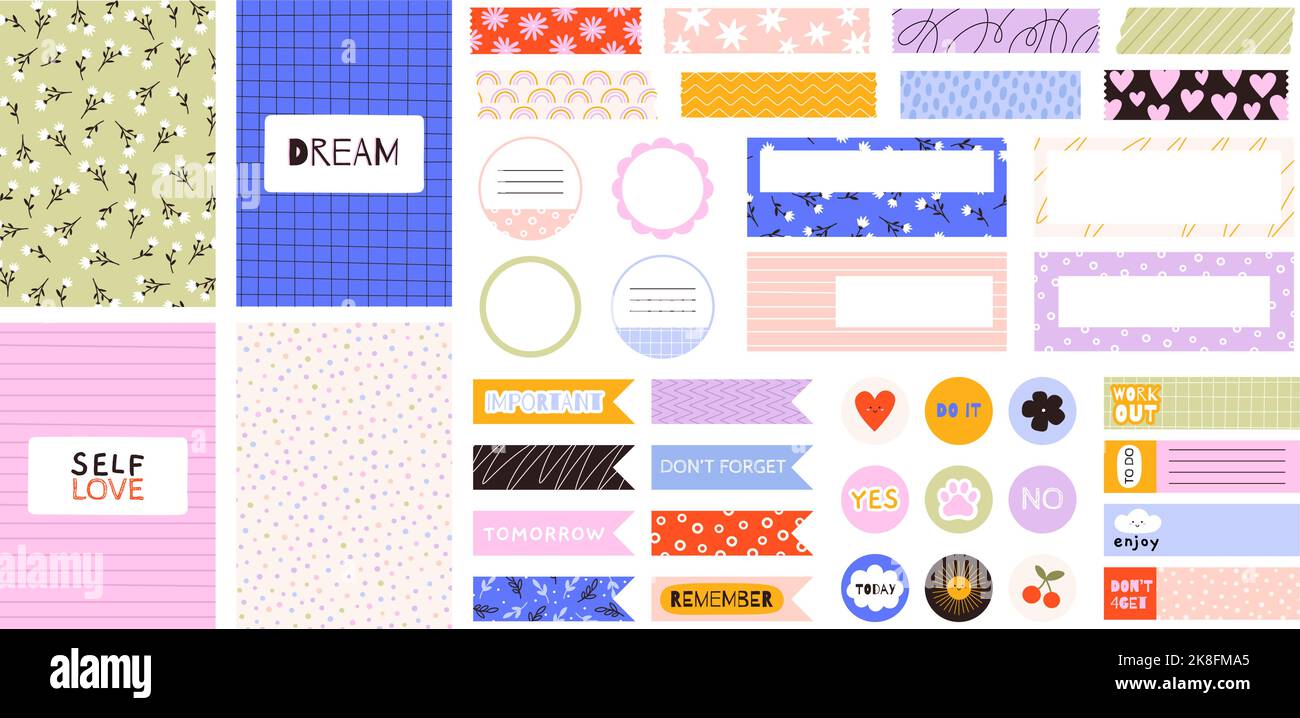 Cartoon stickers cute elements. Diary quote sheets, planner kids pad ...