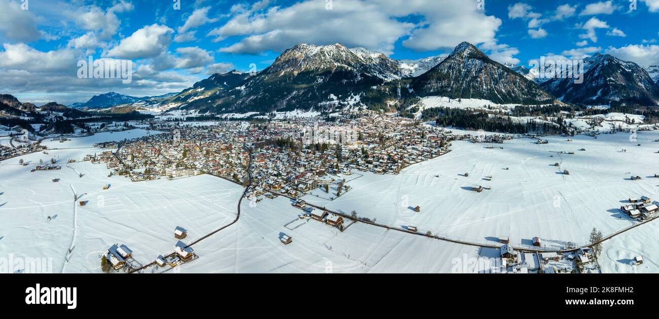 Germany, Bavaria, Oberstdorf, Aerial panorama of mountain town in ...