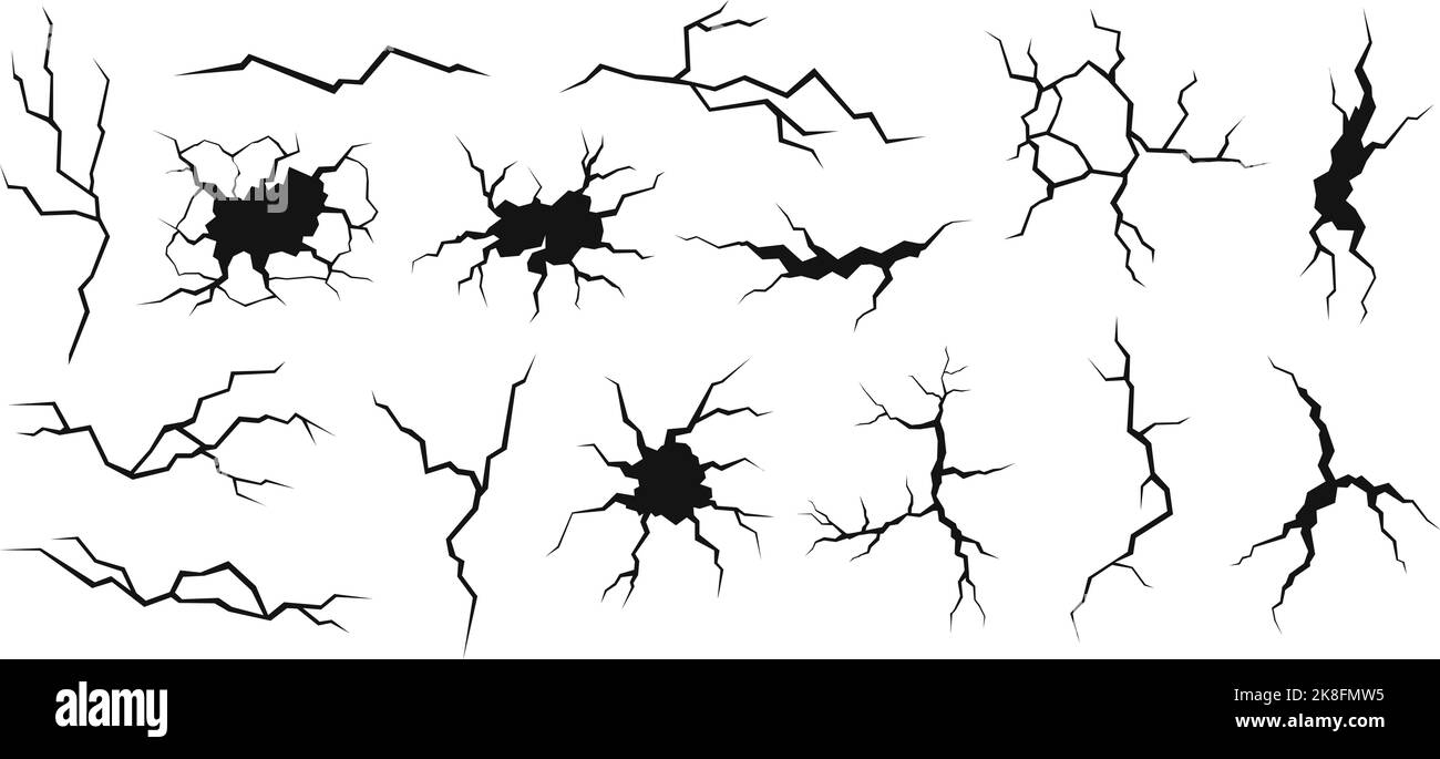 Ground split fracture line. Wall crack black silhouettes, earthquake ...