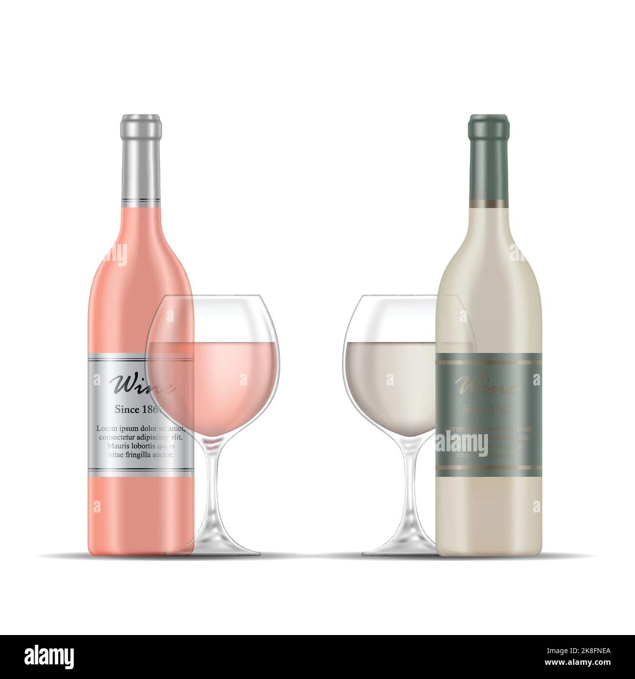 Illustration of Rose Wine and White Wine Glasses and Wine Bottles ...