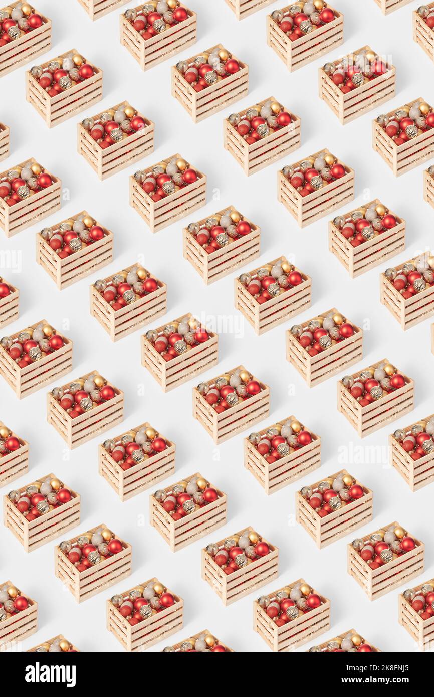 Colorful christmas baubles in wooden boxes repeating on white ...