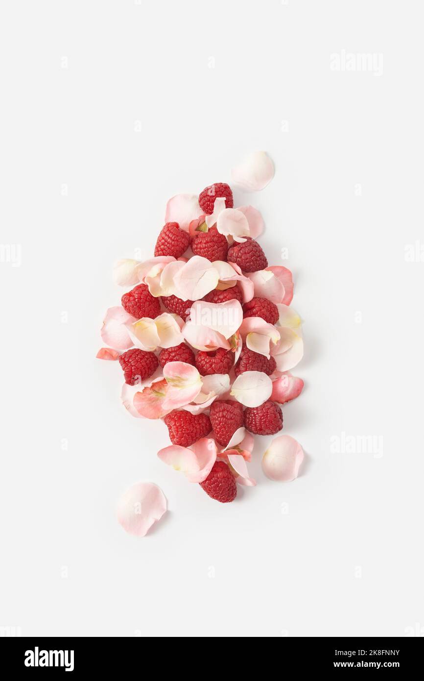 Red raspberries and rose petals shaped as croissant against white ...