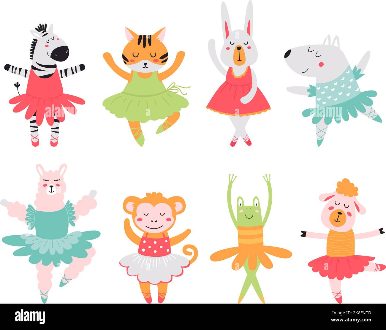 Cartoon isolated ballerina animals. Dancing bunny, zebra and tiger ...