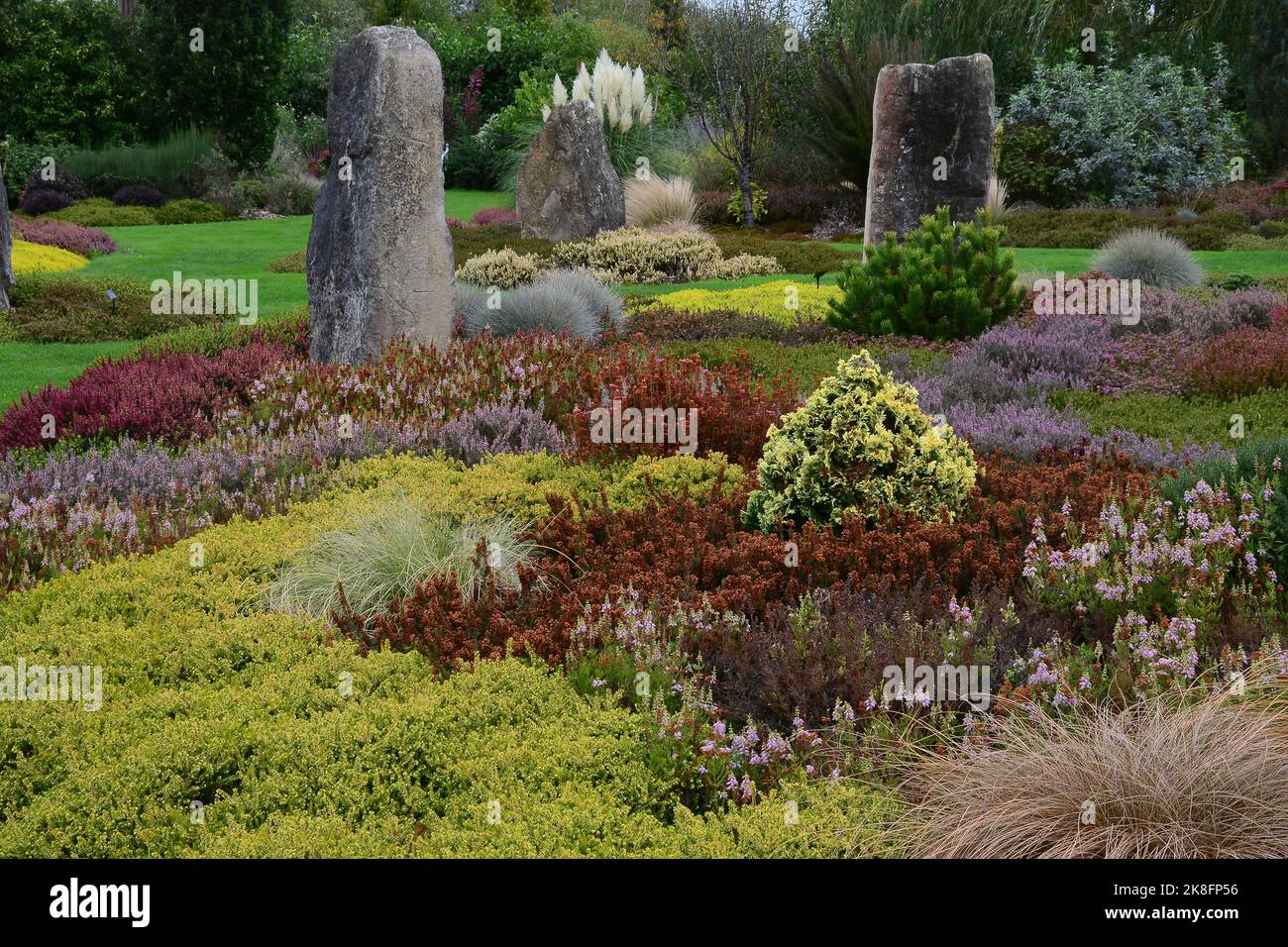 Formal heather garden with standing stone features Stock Photo - Alamy