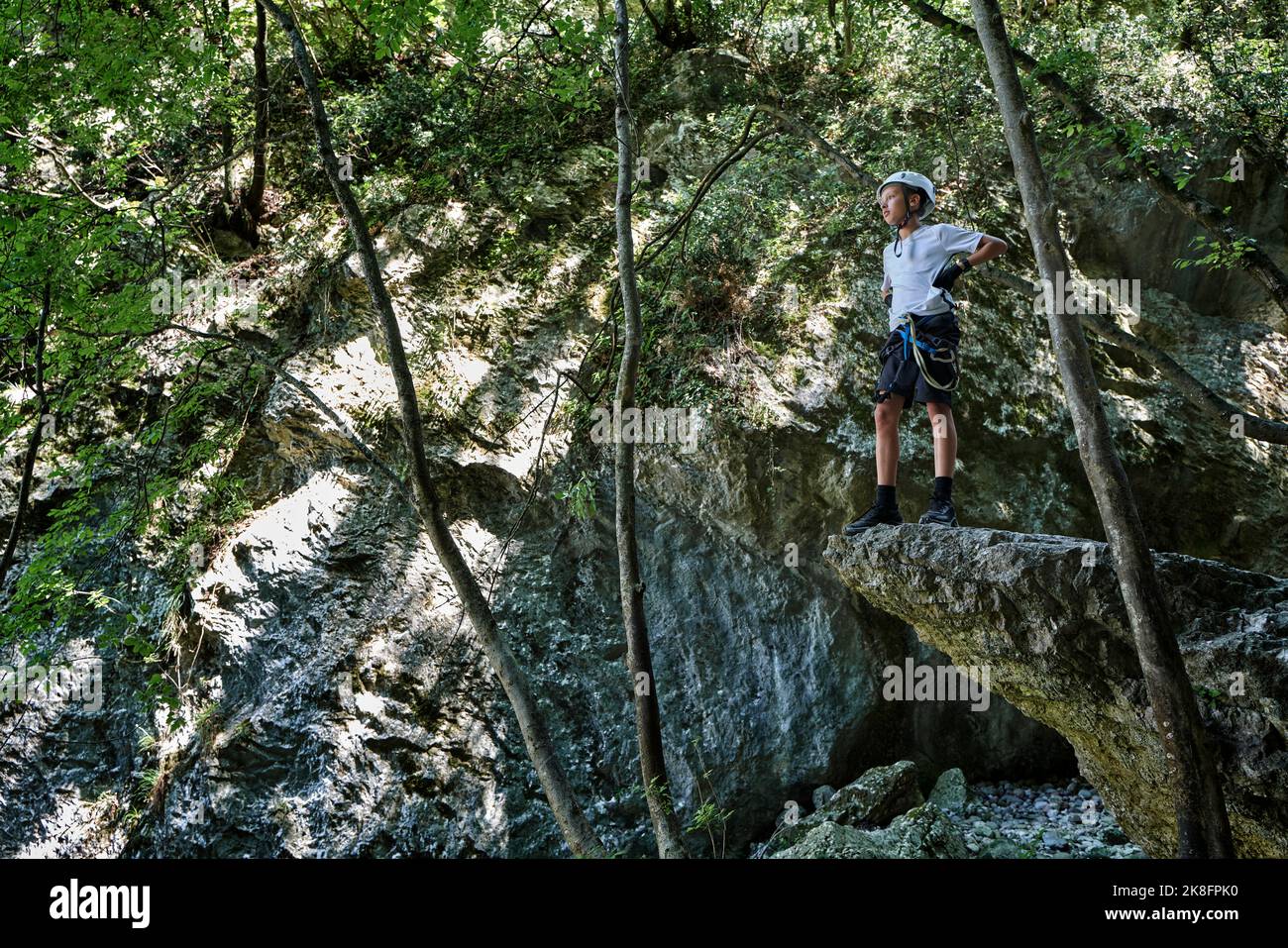 Boy with arms akimbo standing on rock in forest Stock Photo - Alamy