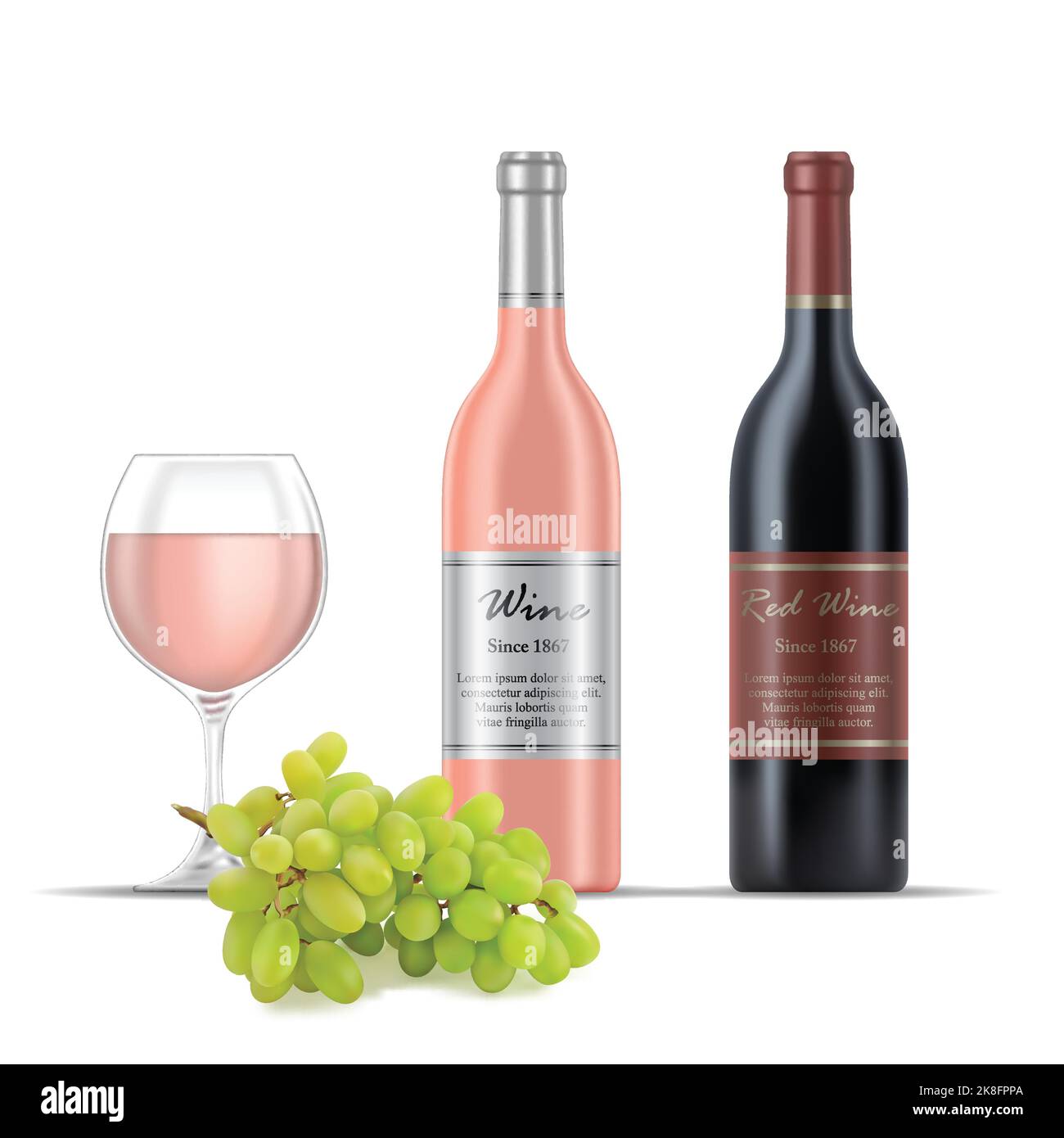 Illustration of Rose Wine and Red Wine with Grapes isolated on a White ...