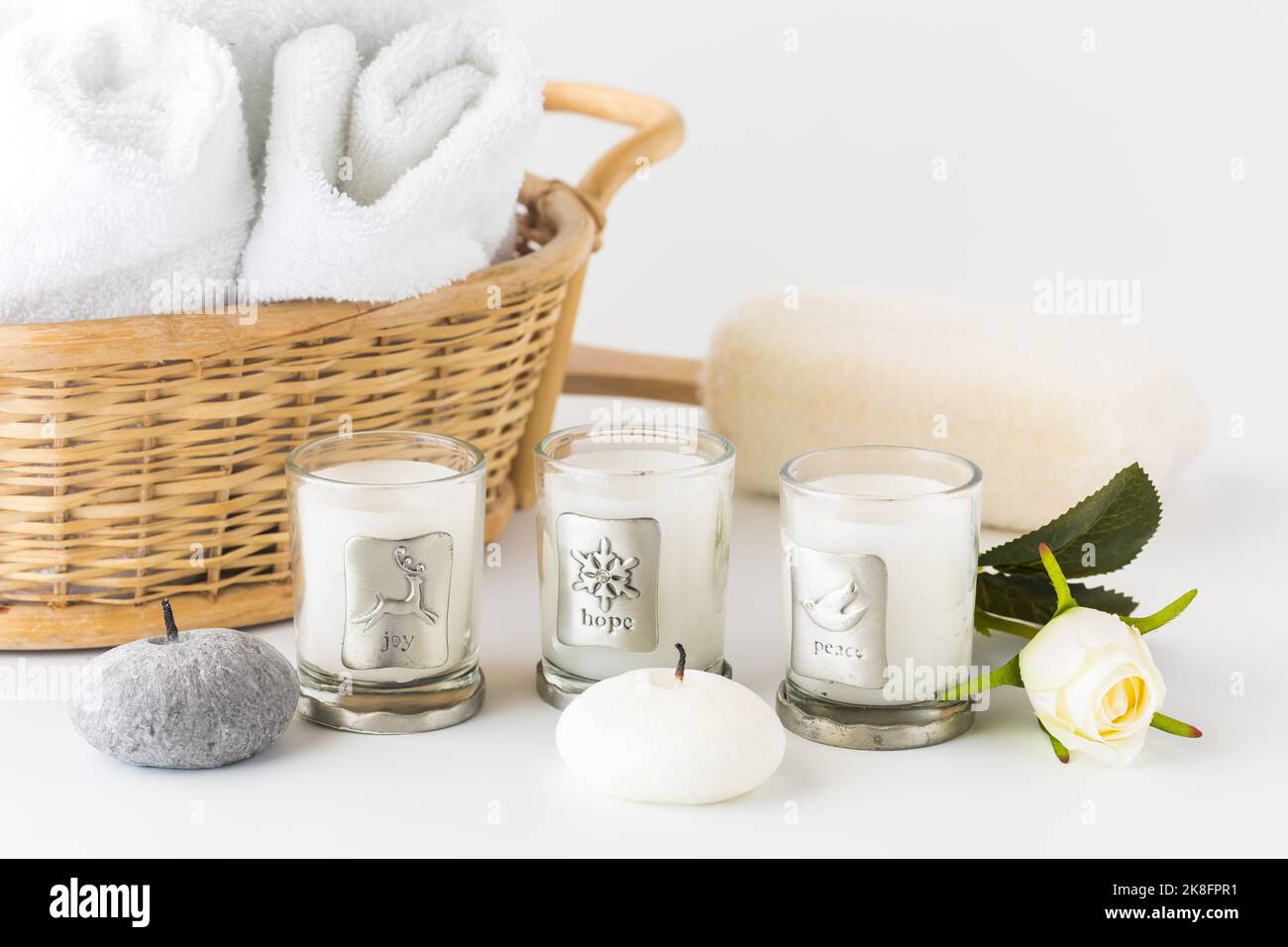An assortment of spa items against a white background with copy space ...