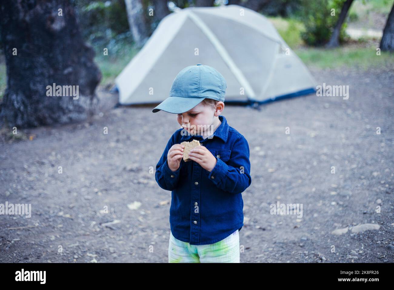 Cute boy wearing cap eating smore in front of tent Stock Photo - Alamy