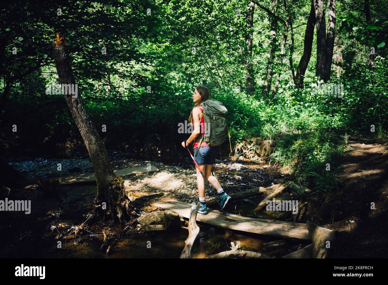 Woman exploring forest walking on tree log Stock Photo - Alamy