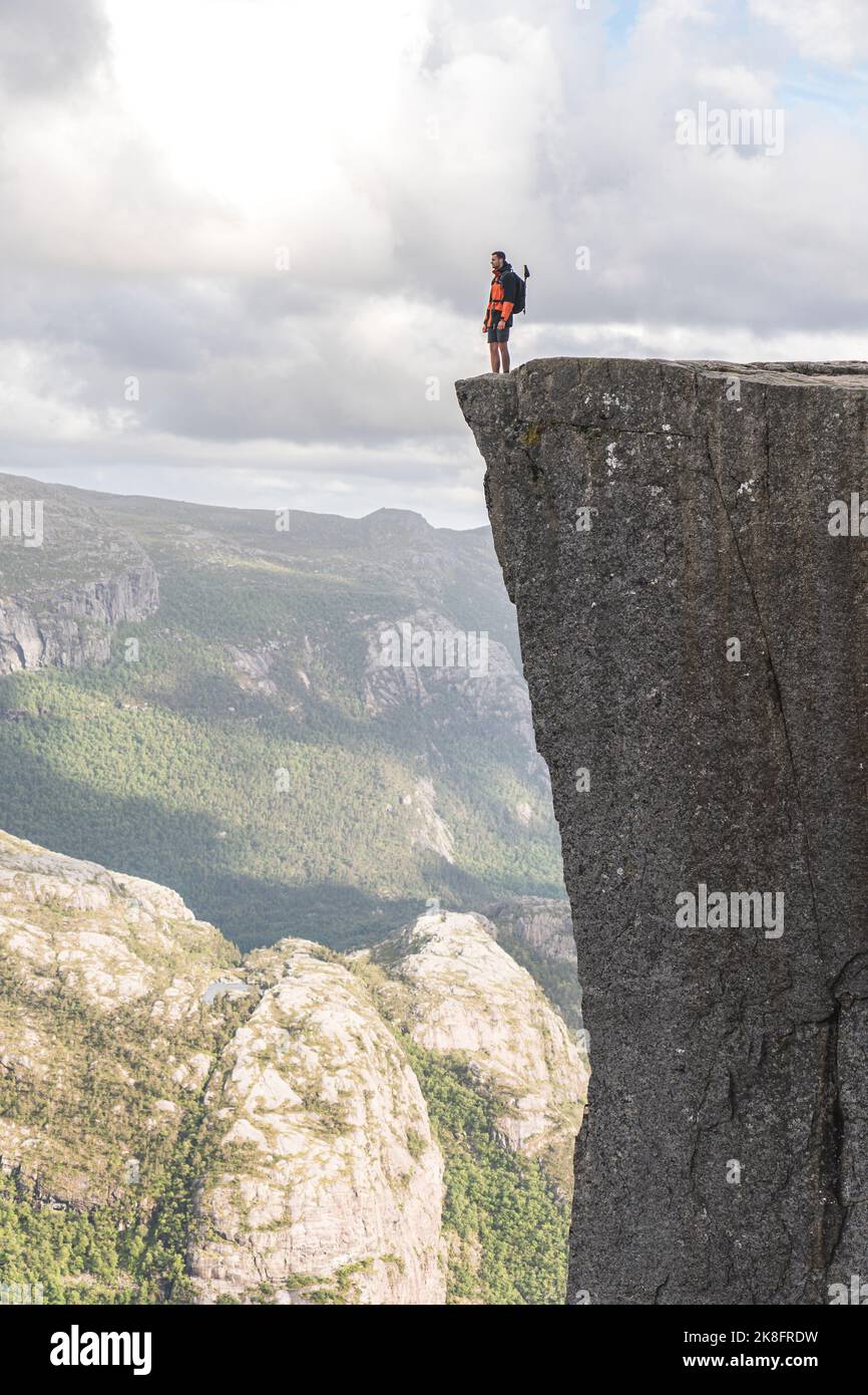 Hiker standing edge famous pulpit rock cliff hi-res stock photography ... Hiker standing edge famous pulpit rock cliff hi-res stock photography ...
