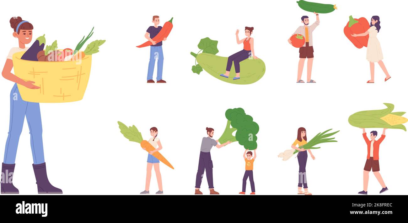 Tiny people with vegetables. Vegan life, vegetarian man woman hold ...