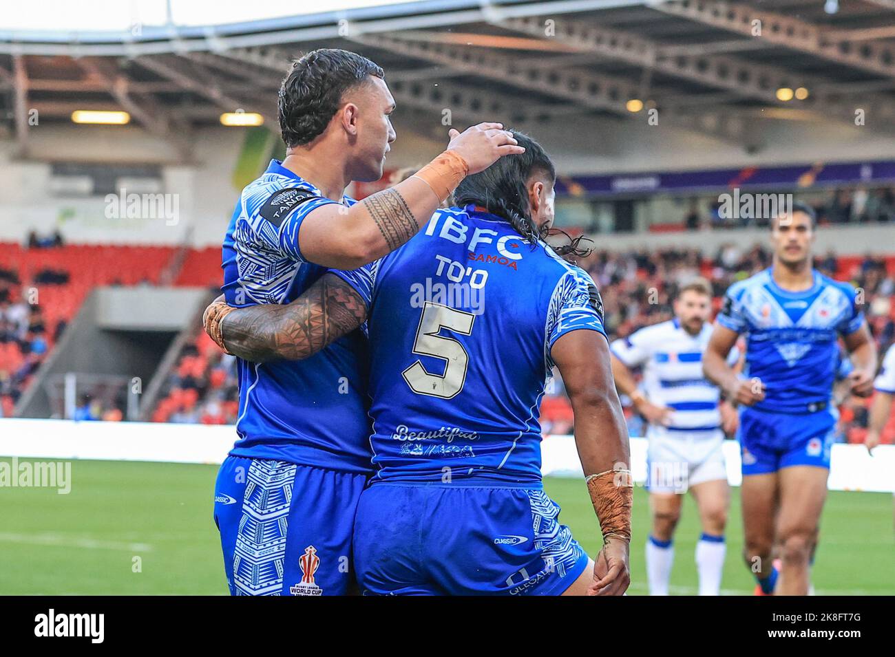 Brian To'o of Samoa celebrates his try during the Rugby League World ...