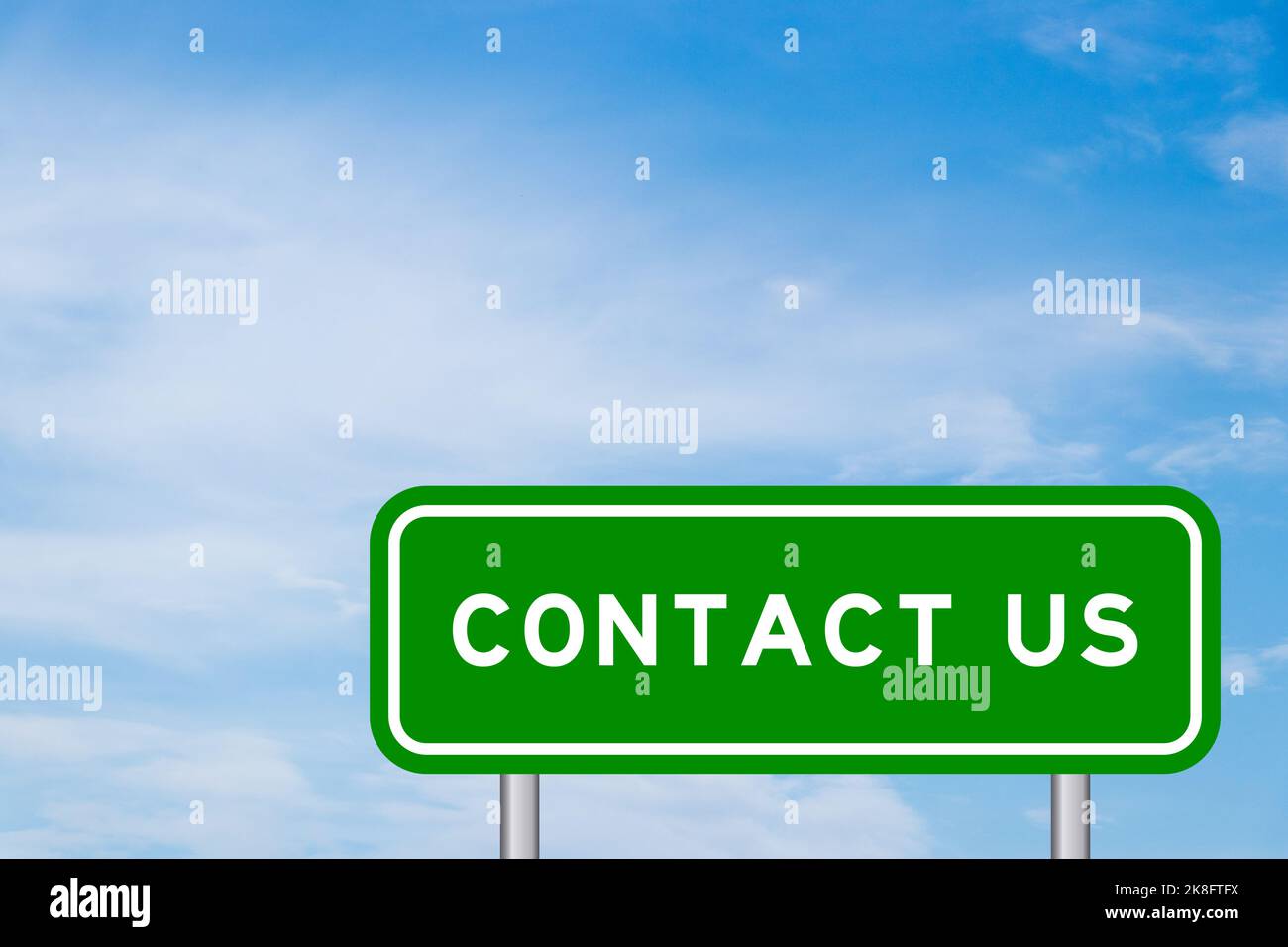 Green color transportation sign with word contact us on blue sky with ...