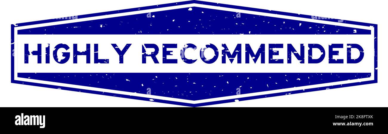 Grunge blue highly recommended word hexagon rubber seal stamp on white ...