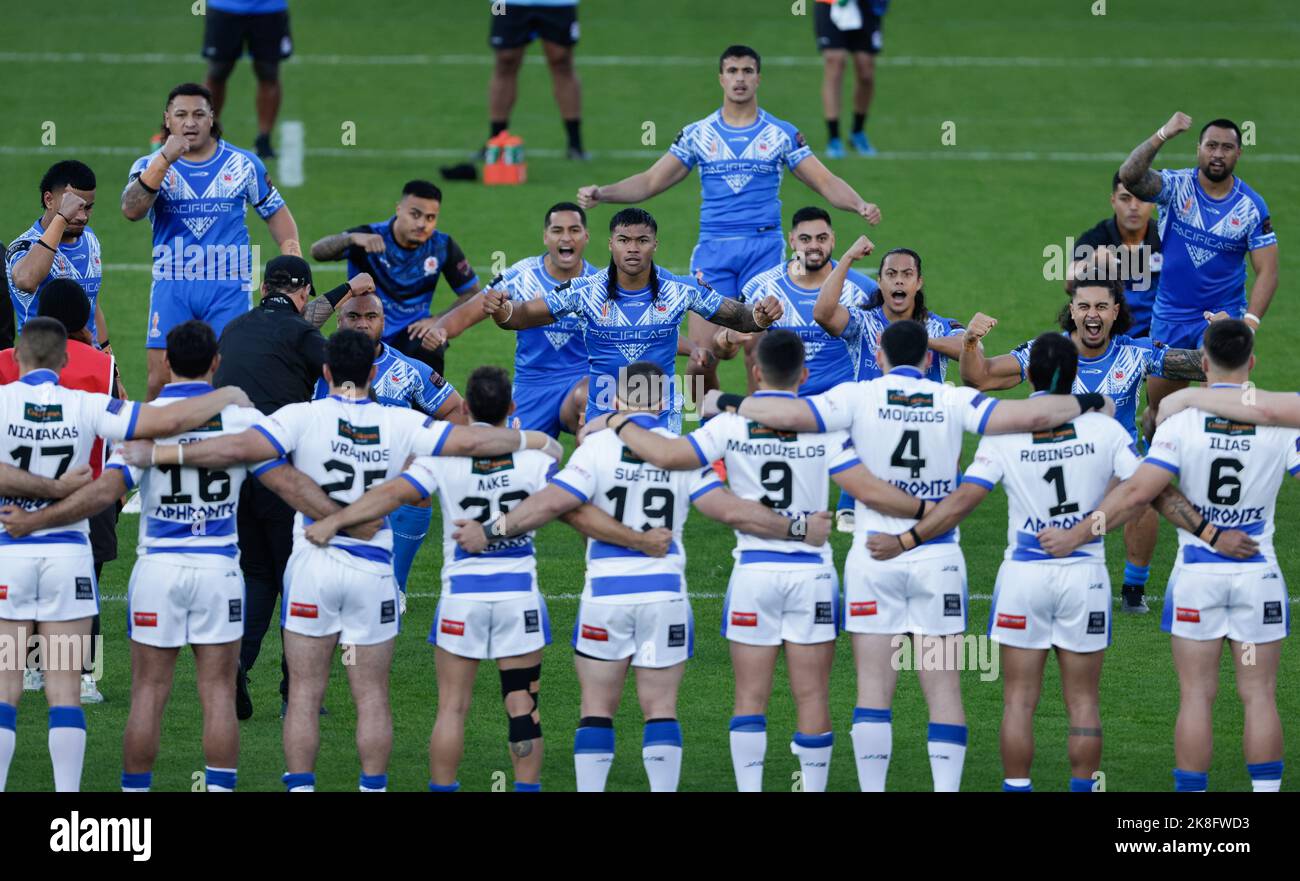 Samoa players perform the Siva Tau ahead of the Rugby League World Cup ...