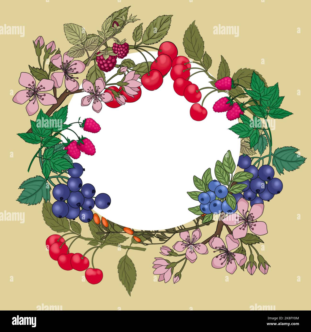Round wreath or frame of raspberry, cranberry, blueberry, blackberry ...