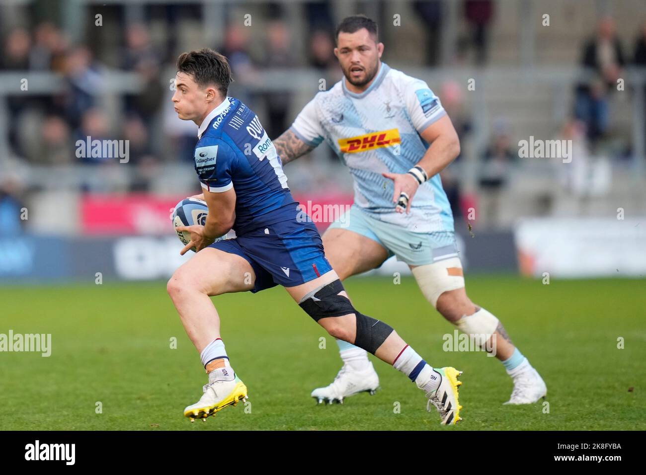 Raffi Quirke #9 of Sale Sharks breaks past Sam Riley #16 of Harlequins ...