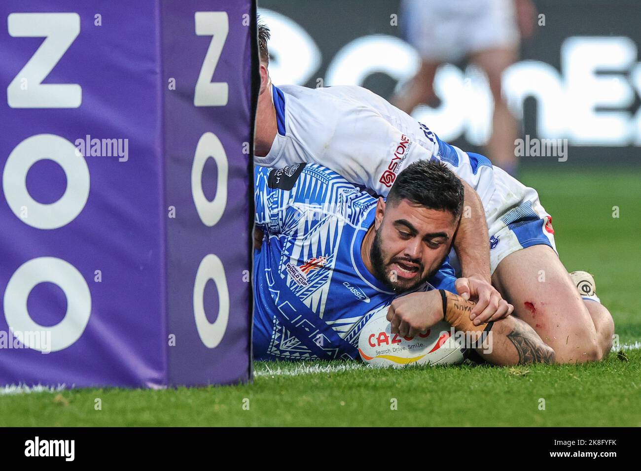 Royce Hunt of Samoa goes over for a try during the Rugby League World ...