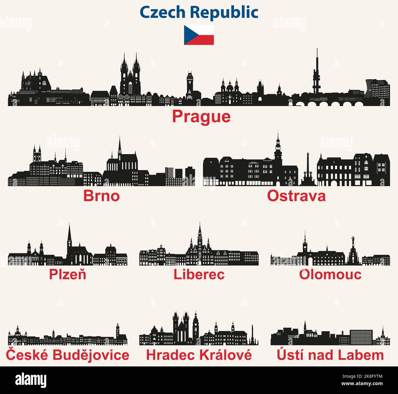 Czech Republic cities skylines silhouettes vector set Stock Vector ...