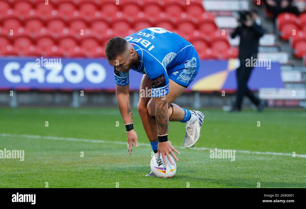 Samoa's Danny Lavi scores a try during the Rugby League World Cup group ...