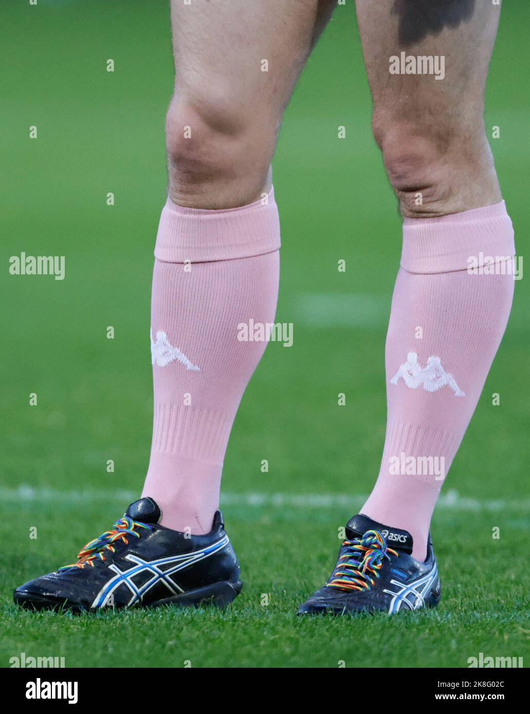 A detailed view of the rainbow laces on the match official’s boots ...