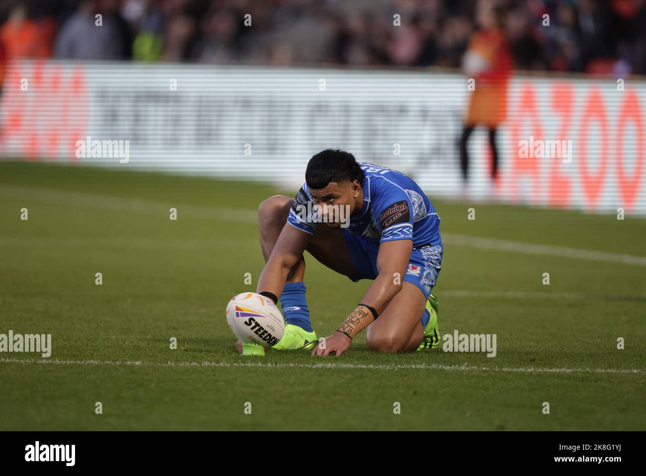 Samoa's Stephen Crichton prepares to kick during the Rugby League World ...