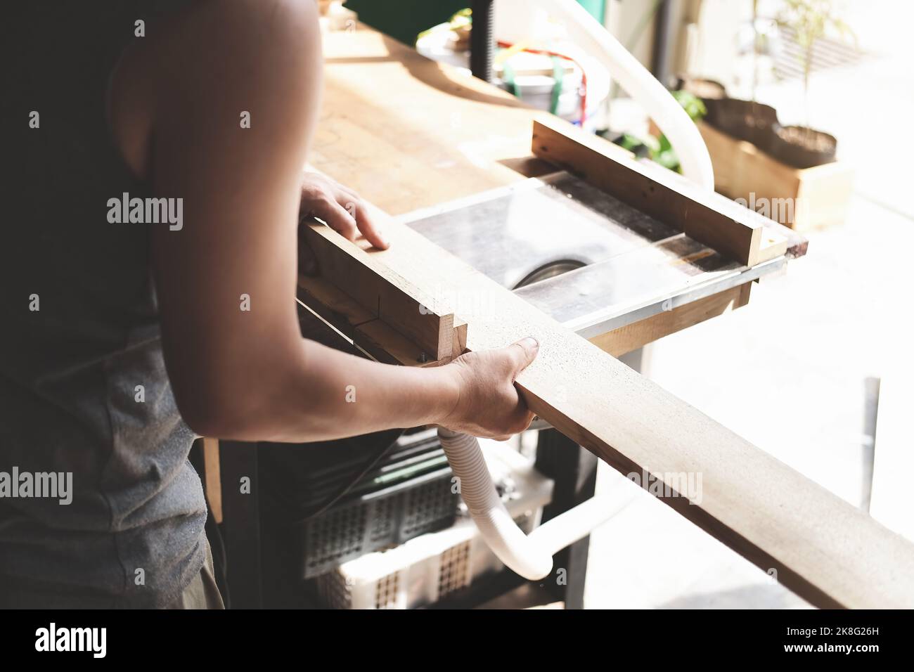 Woodworking operators are using plank cutting machines to assemble and ...