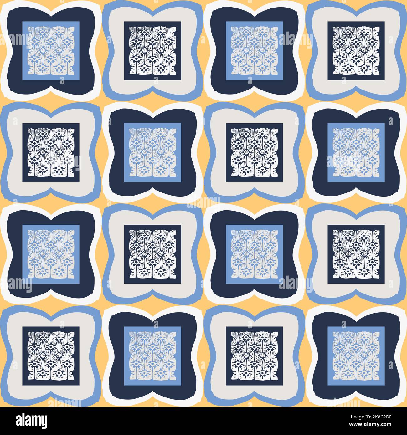 Hand drawn retro block print seamless pattern. Vector 80s vintage ...