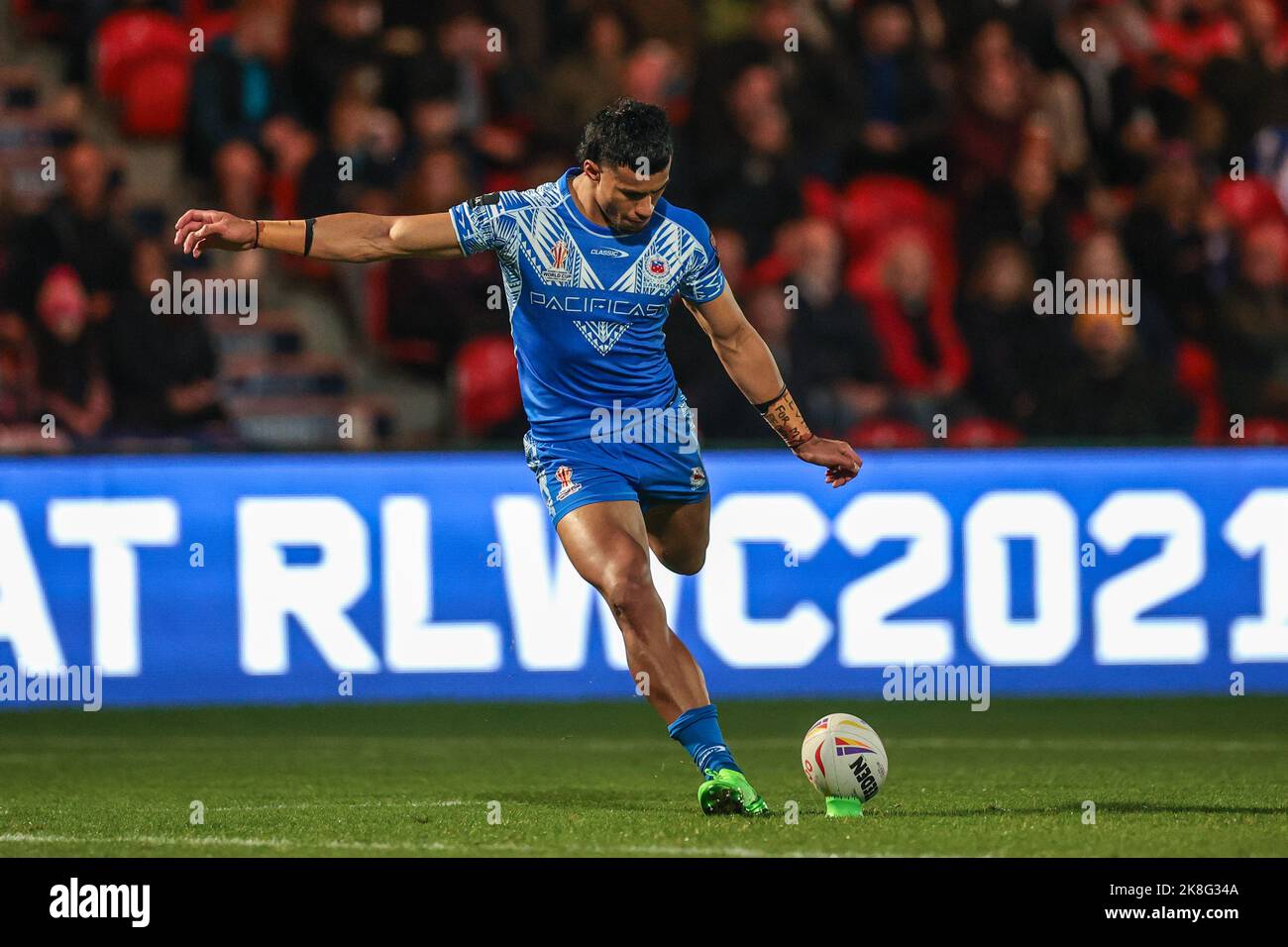 Stephen Crichton of Samoa converts for a goal during the Rugby League ...
