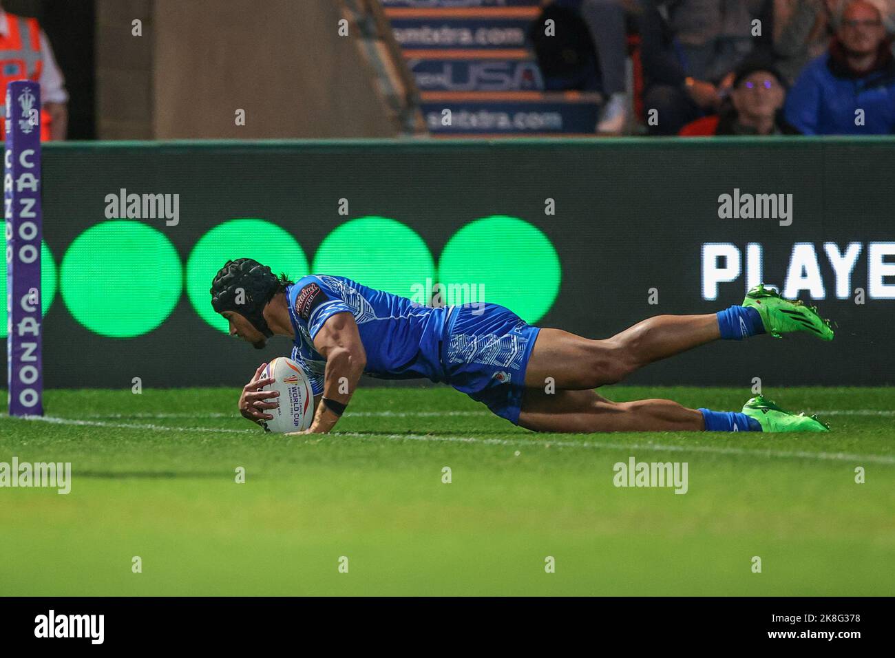 Stephen Crichton of Samoa goes over for a try during the Rugby League ...