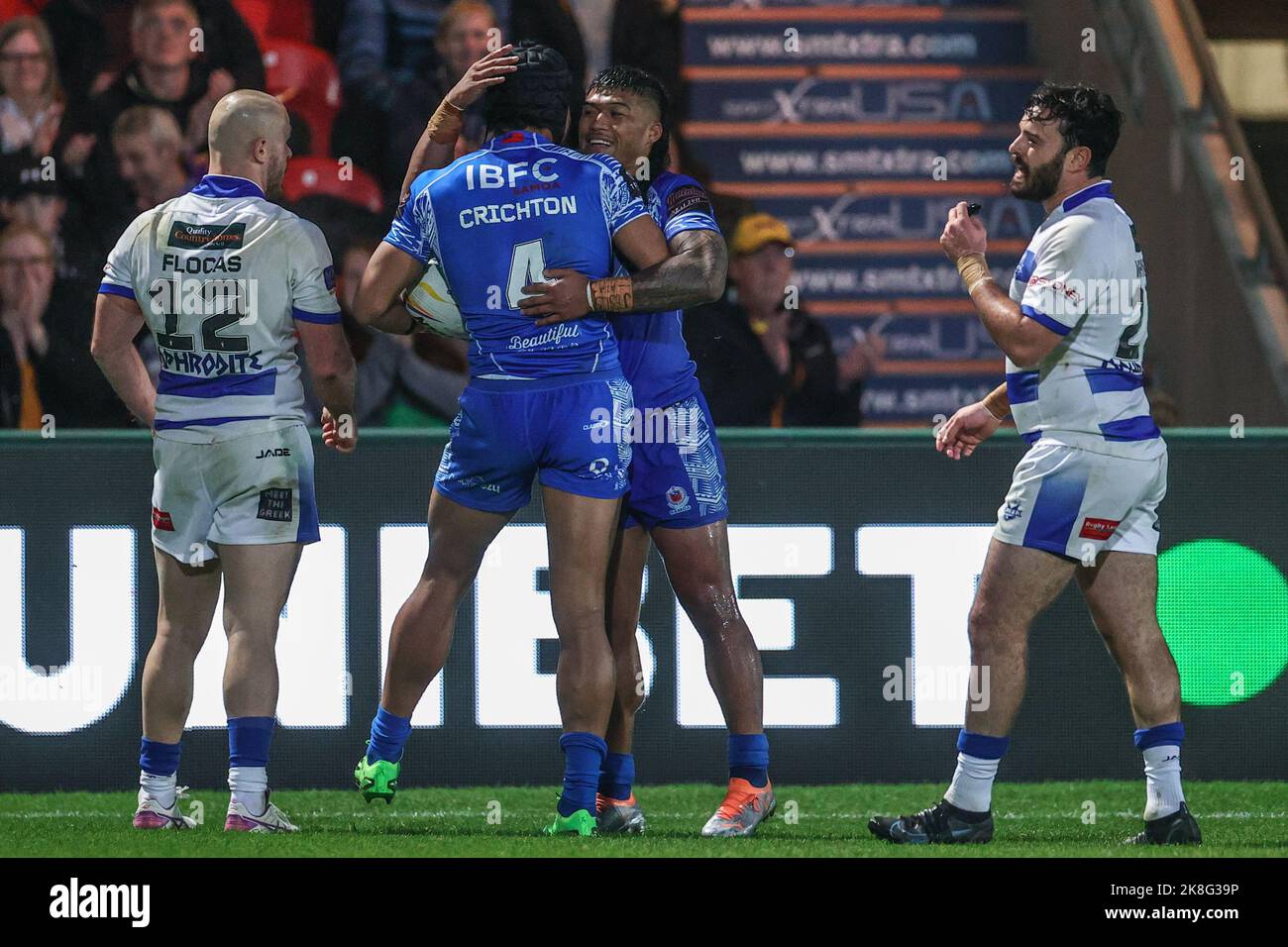 Stephen Crichton of Samoa celebrates his try during the Rugby League ...