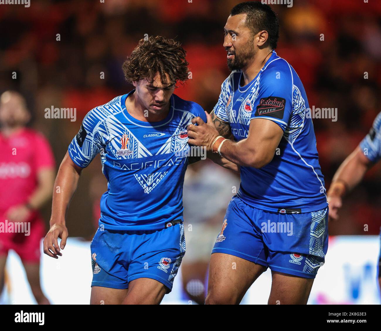 Chanel Harris-Tavita of Samoa celebrates his try with Ligi Sao of Samoa ...