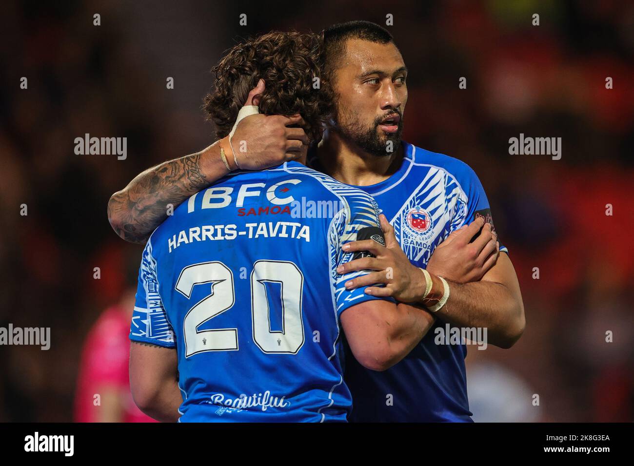 Chanel Harris-Tavita of Samoa celebrates his try with Ligi Sao of Samoa ...