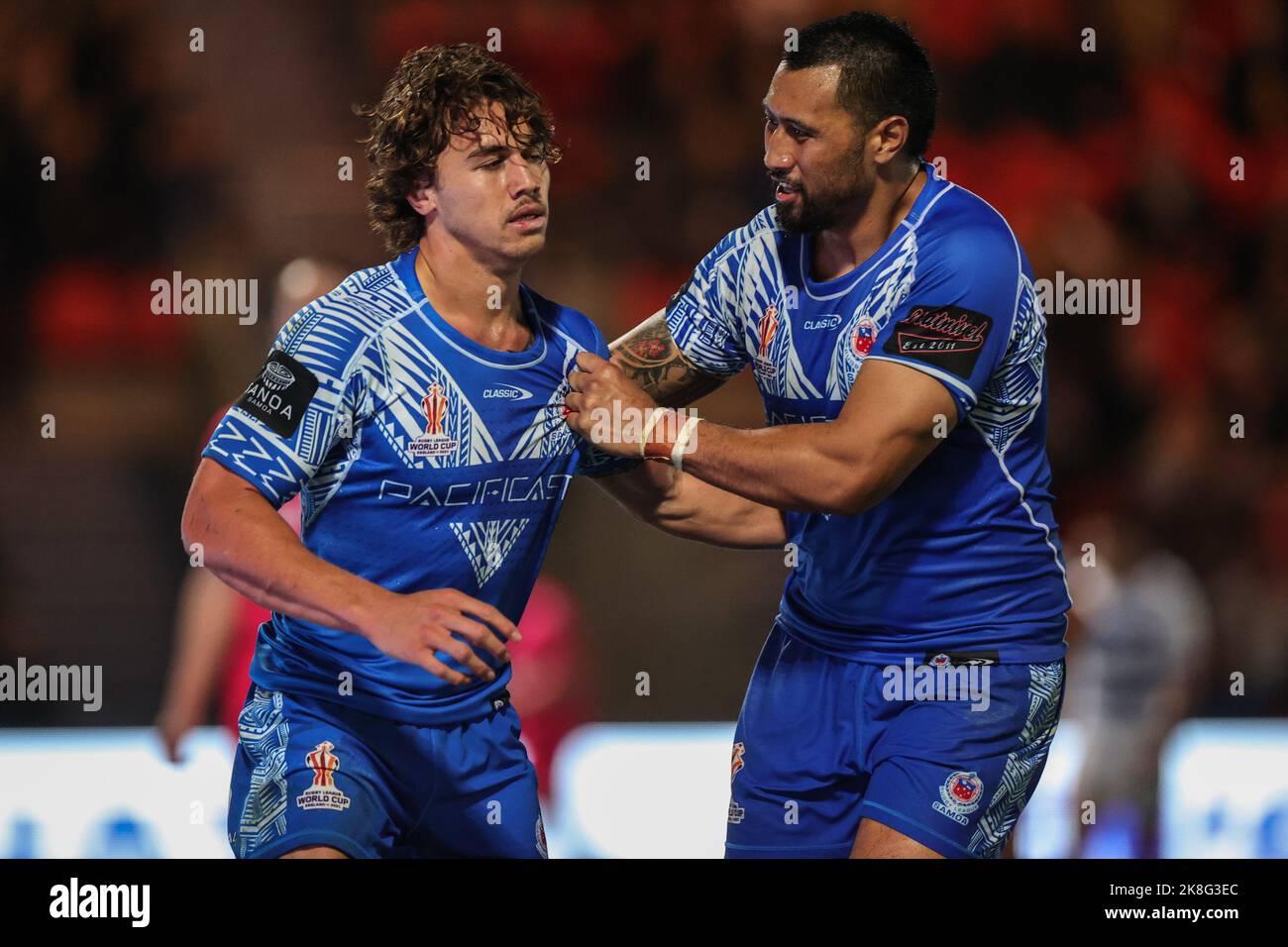 Chanel Harris-Tavita of Samoa celebrates his try with Ligi Sao of Samoa ...