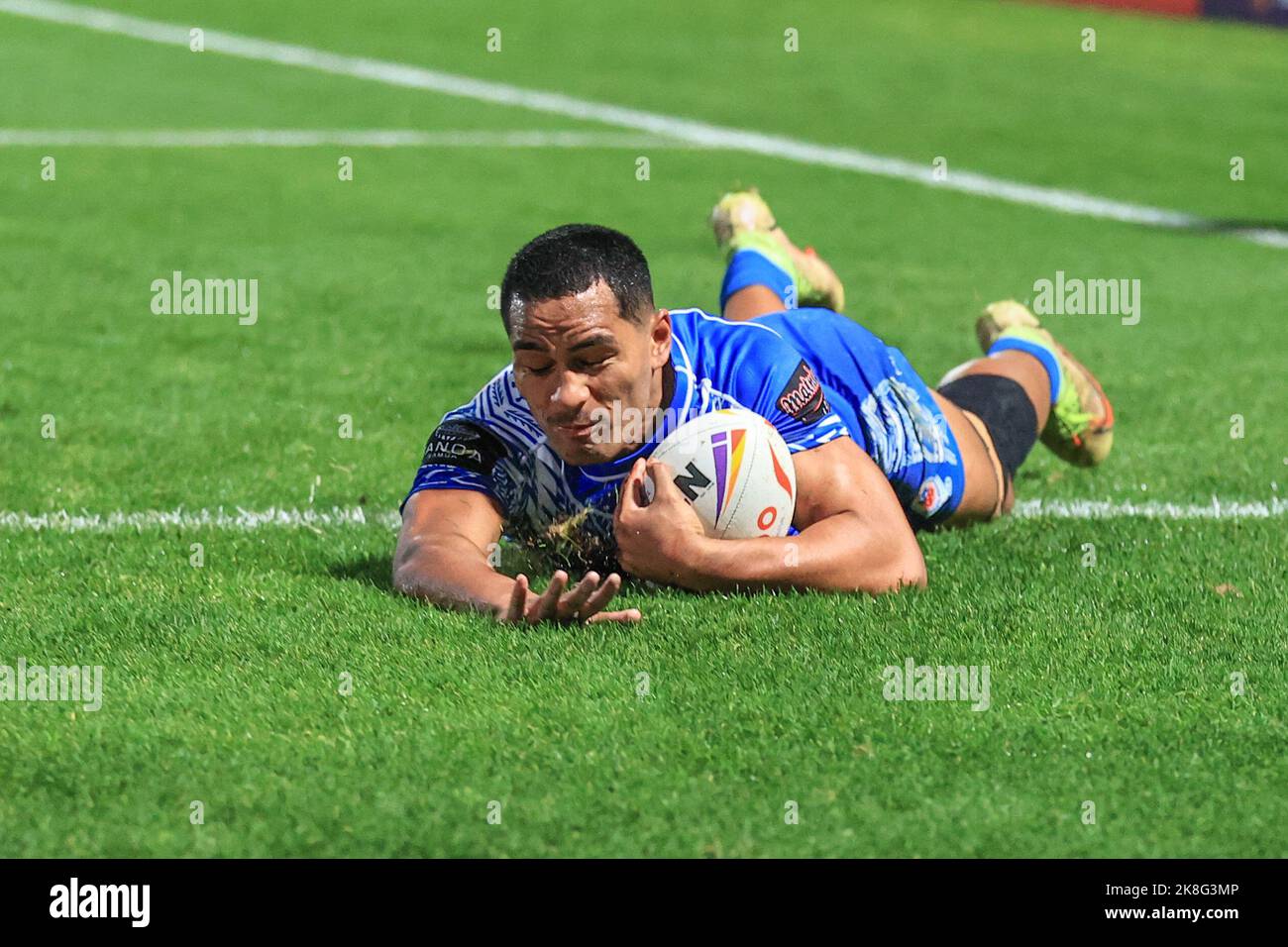 Mat Feagai of Samoa goes over for a try during the Rugby League World ...
