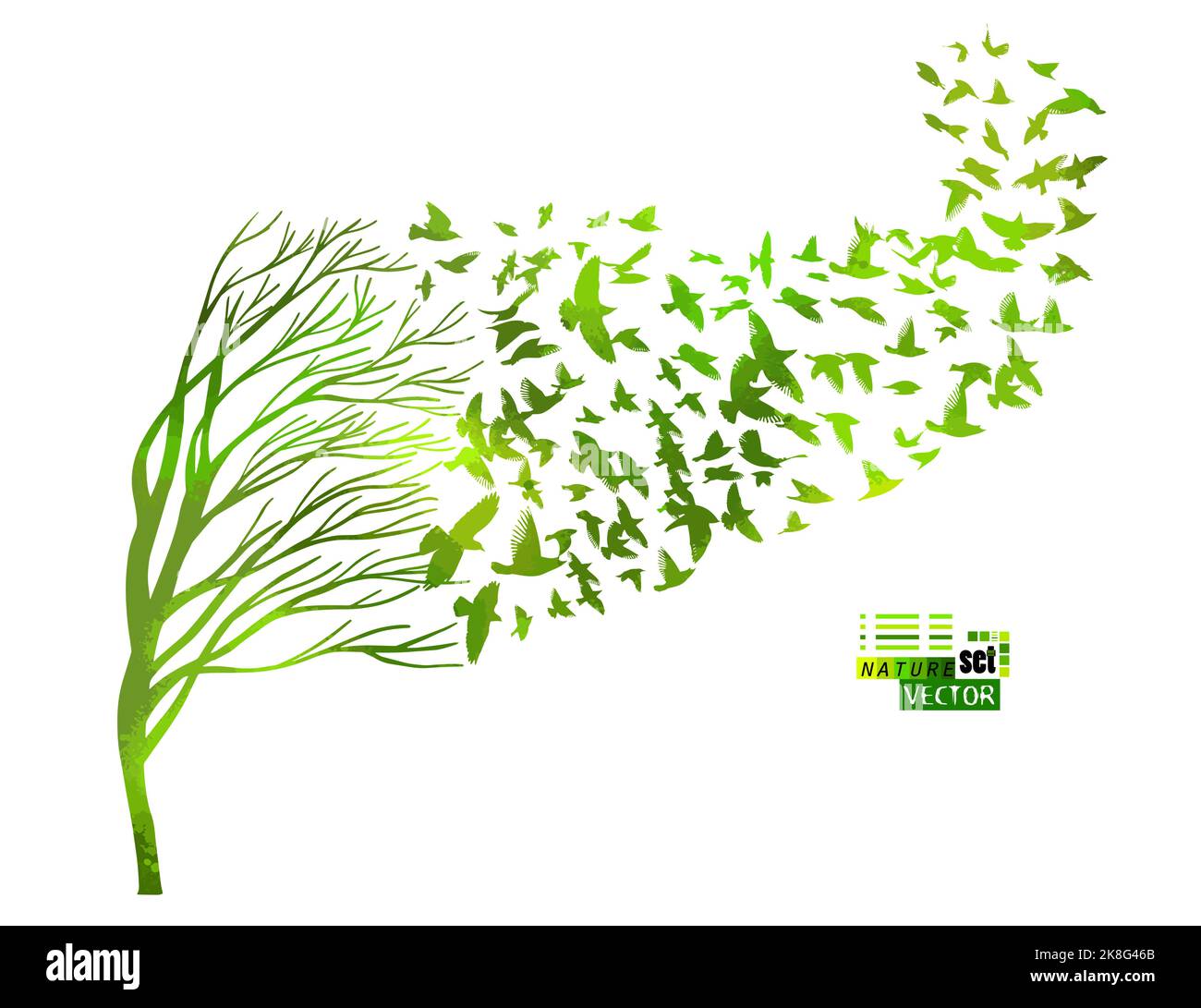 Tree silhouette with green birds flying. A flock of birds fly south in ...