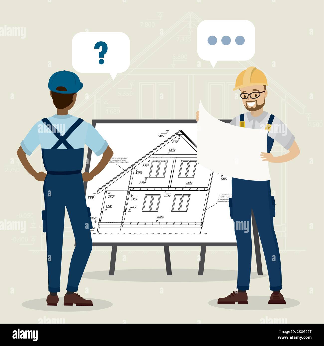 Two people- worker and architect are talking, board with house plan or ...