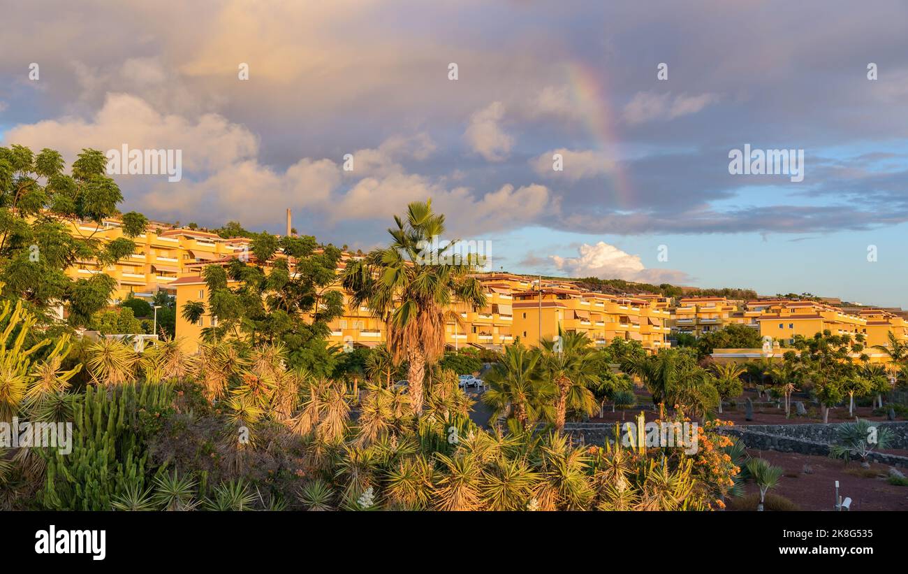 Rainbow over Puerto de Santiago town on Tenerife Island. Canary Islands ...
