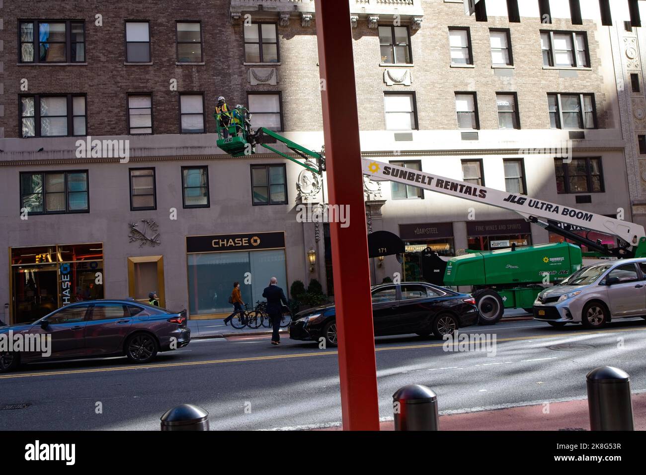 New York, NY, USA - Oct 23, 2022: A boom is being used to access an ...