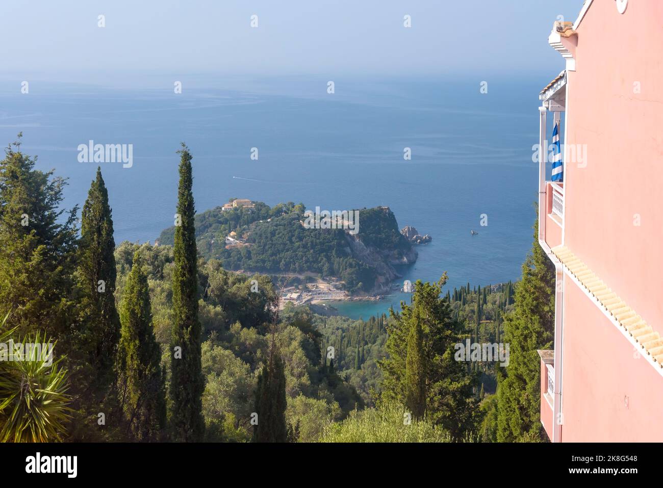 View of the coast of greek Corfu island with Paleokastritsa Monastery ...