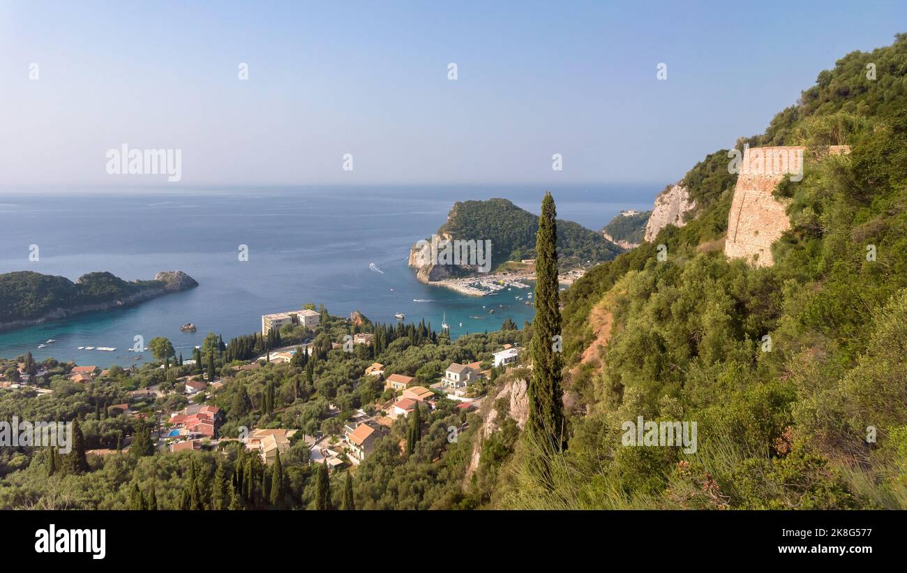 View of the coast of greek Corfu island with Paleokastritsa village ...