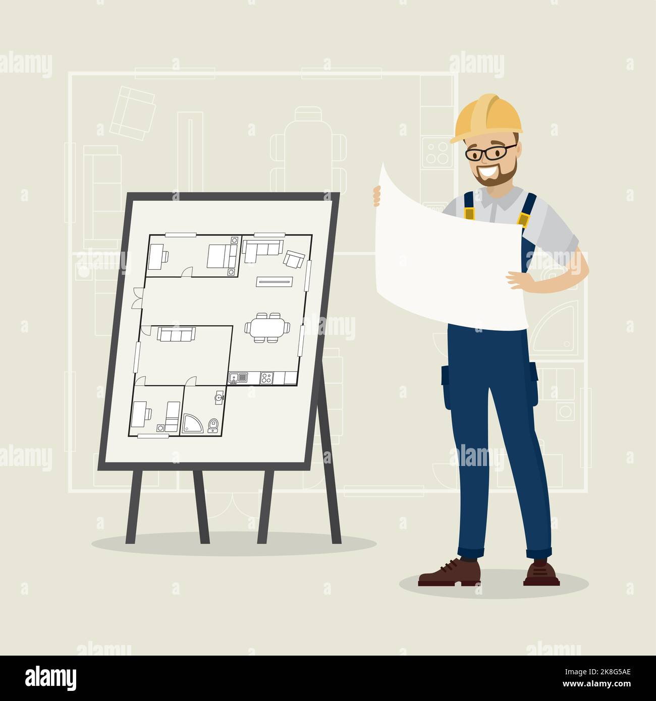 Building or apartment plan on board. Cartoon man engineer or architect ...