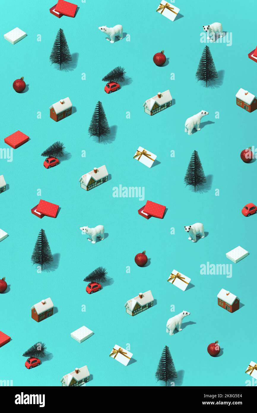 Trendy Christmas pattern with various winter and New Year objects on a ...