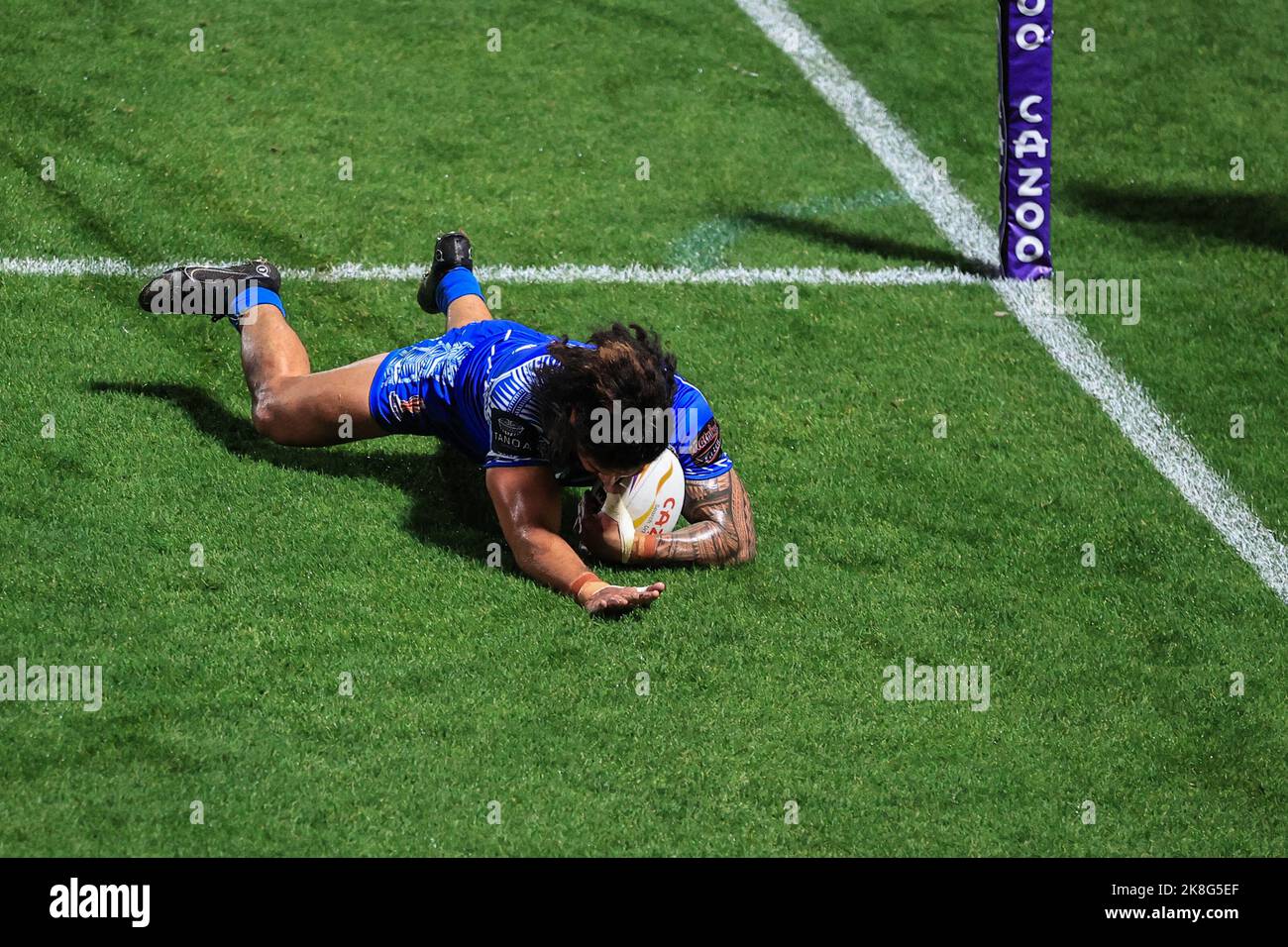 Tim Lafai of Samoa goes over for a try during the Rugby League World ...