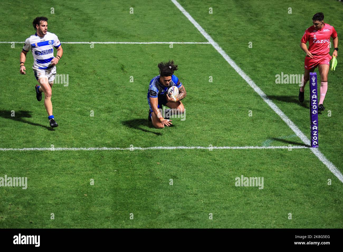 Tim Lafai of Samoa goes over for a try during the Rugby League World ...